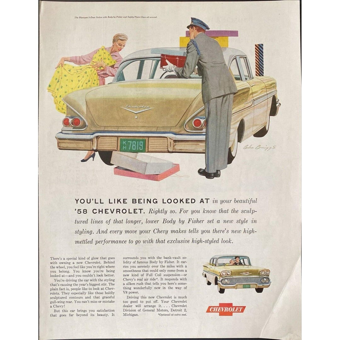1958 Yellow Chevrolet Color Print Ad Bausch & Lomb Balomatic Slide ...