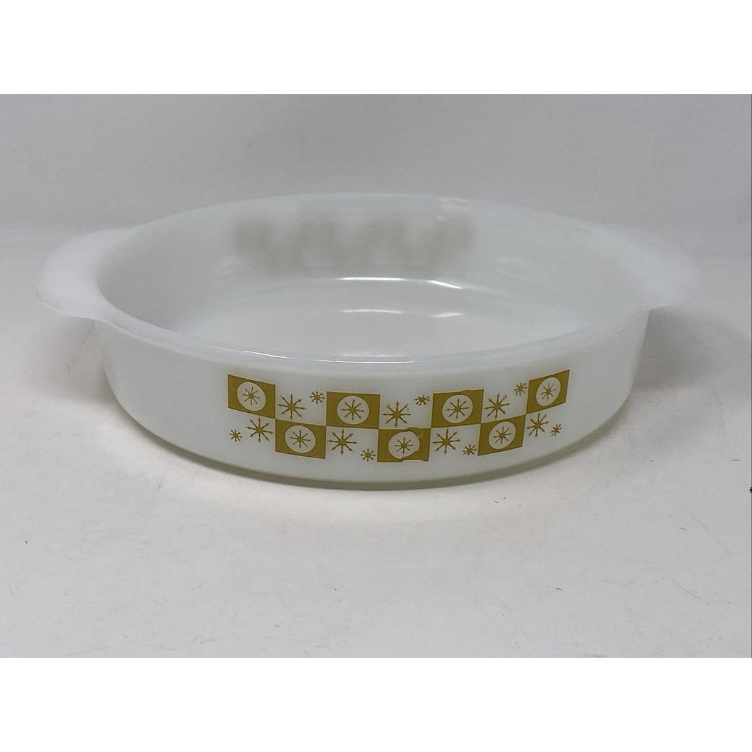Vintage Fire King Gold Atomic Star Glow Shallow Casserole Baking Dish ...