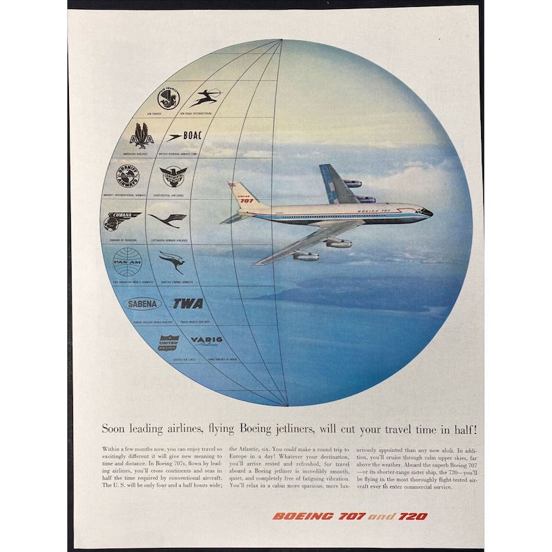 1958 Boeing 707 and 720 Vintage Color Print Ad Cut Travel Time ...