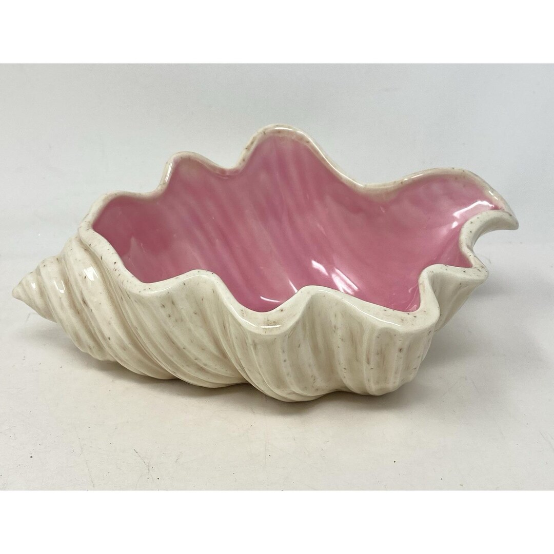Vintage Ceramic Conch Shell Bowl Pink Interior Hand Glazed 8