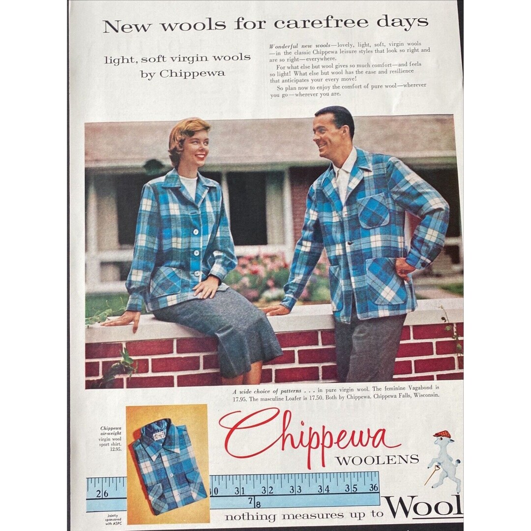 1958 Chippewa Woolens Vintage Magazine Color Print Ad Man Woman Wool ...