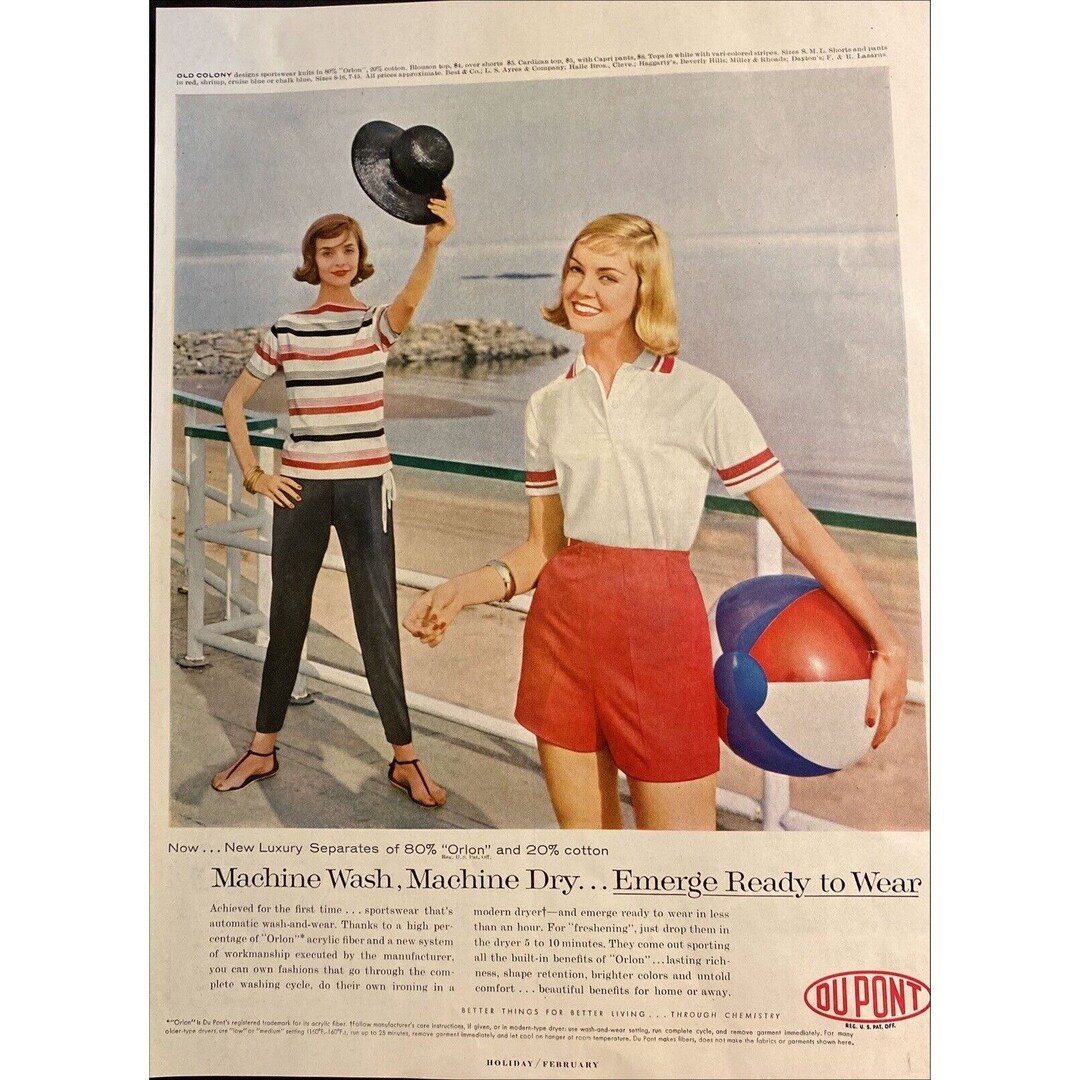 1958 Dupont Orlon Wash & Wear Color Print Ad Girls Beach Red White Blue ...