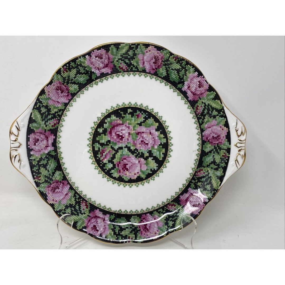 Royal Albert Needle Point Handled Cake Plate 10-1/4 Pink Green Gold ...