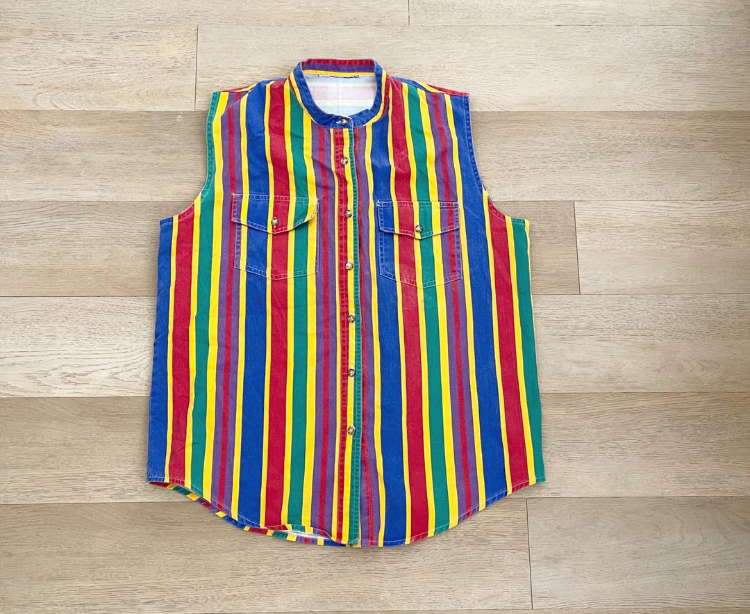 Vintage Striped Sleeveless Button up Rainbow Multi Color Shirt Size ...