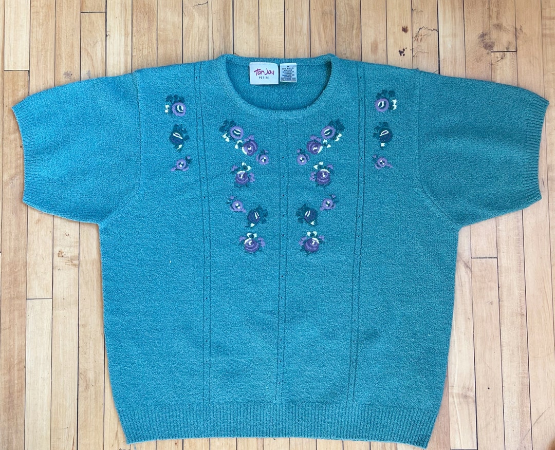 Vintage Tan Jay Petite Floral Knit Style Embroidered Shirt Size Medium ...