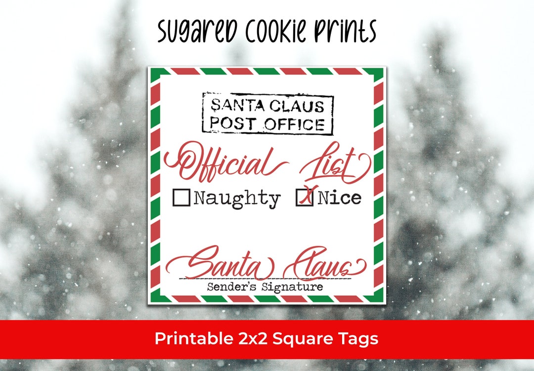 Santa Nice List Gift Tag, Printable Square 2" Cookie Tag, Christmas ...