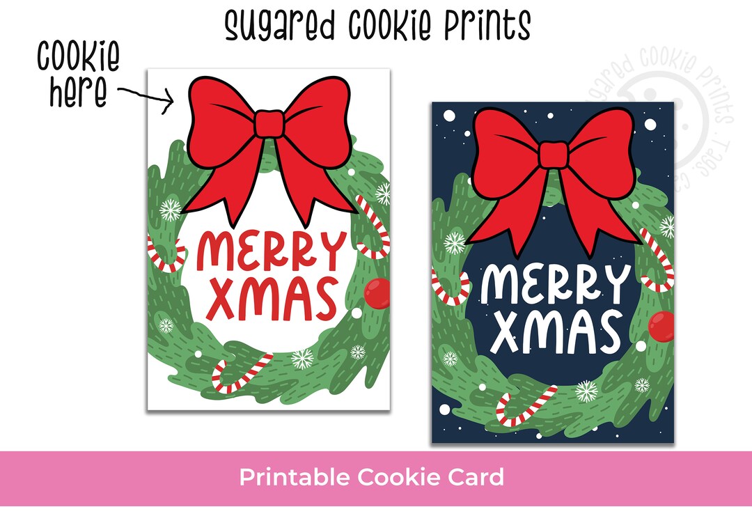 Merry Xmas Cookie Card 4x6 , Wreath Card, Bow Cookie Card, Gift Card ...