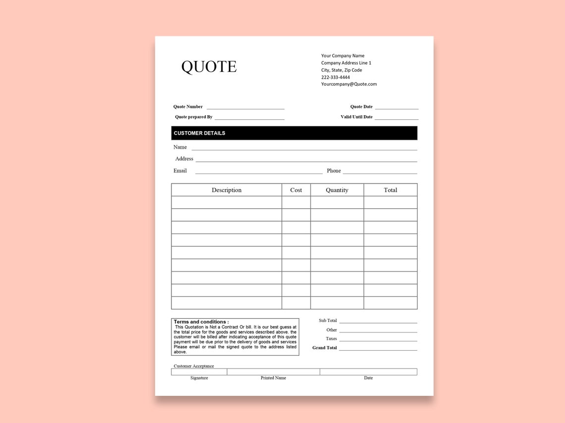 Quote Template - Business Quote -job Proposal Construction Quote ...