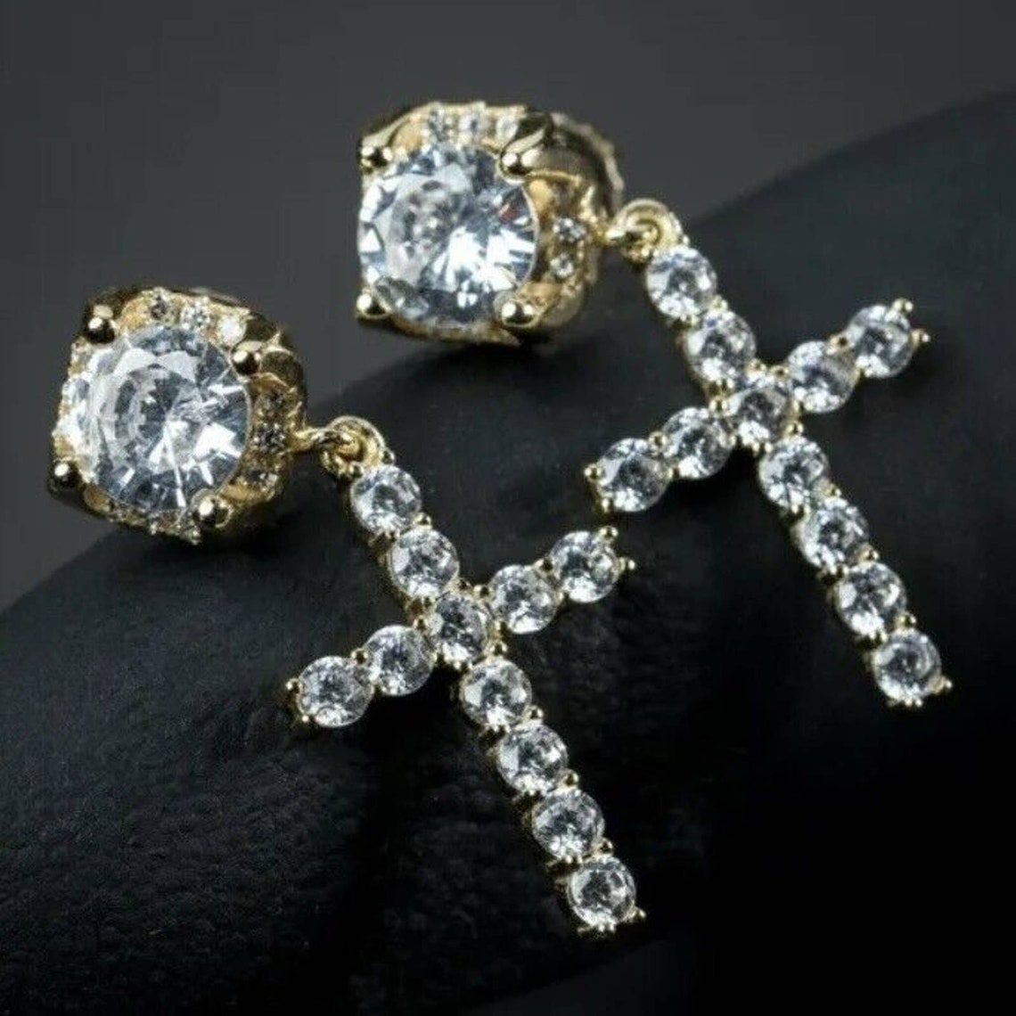 Iced Stud Cross Drop Hanging Huggie Dangle Hoop Sterling Silver Cz Mens ...