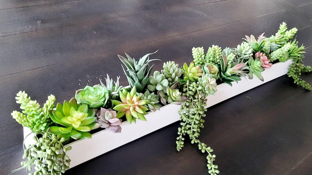 Succulent Long Box Dining Table Arrangement Faux Succulent Narrow ...
