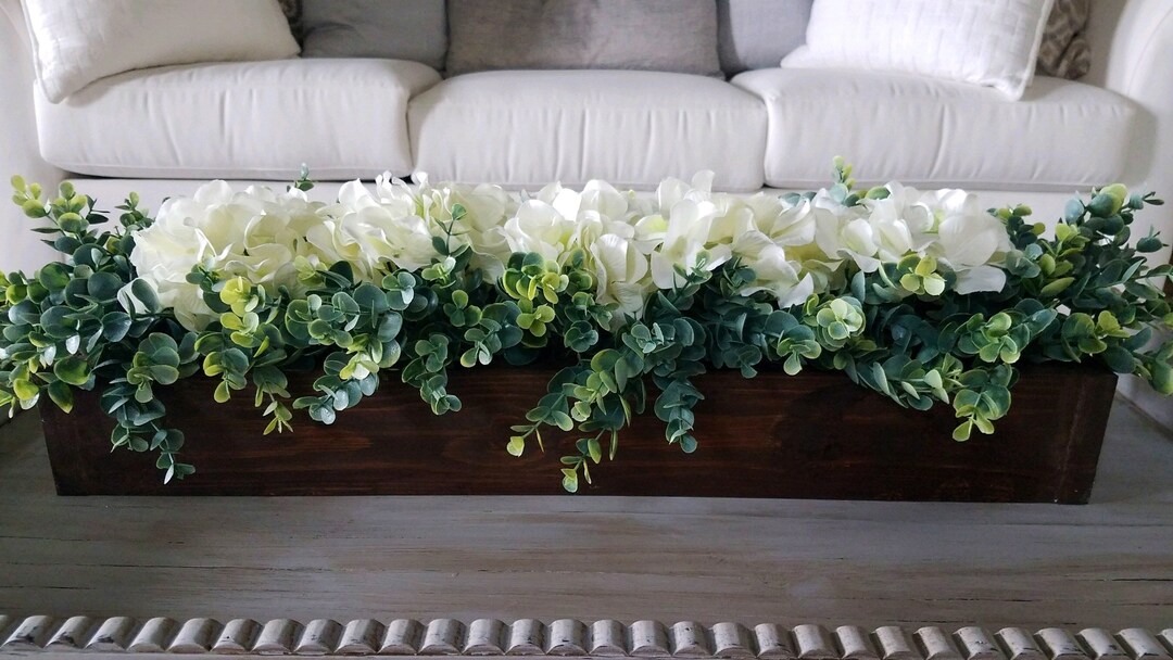 Farmhouse Style Long 25” Spring Hydrangea Arrangement in Wood Planter ...