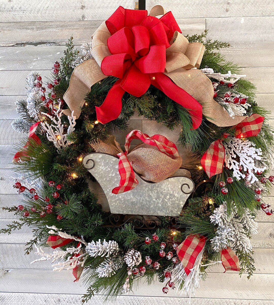 Christmas Wreath With Galvanized Sleigh 30” Christmas Wreath Santa ...