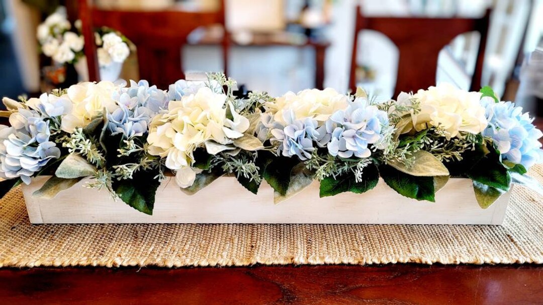 Hydrangea Centerpiece Dining Table Hydrangea Long Wood Box Mantel ...