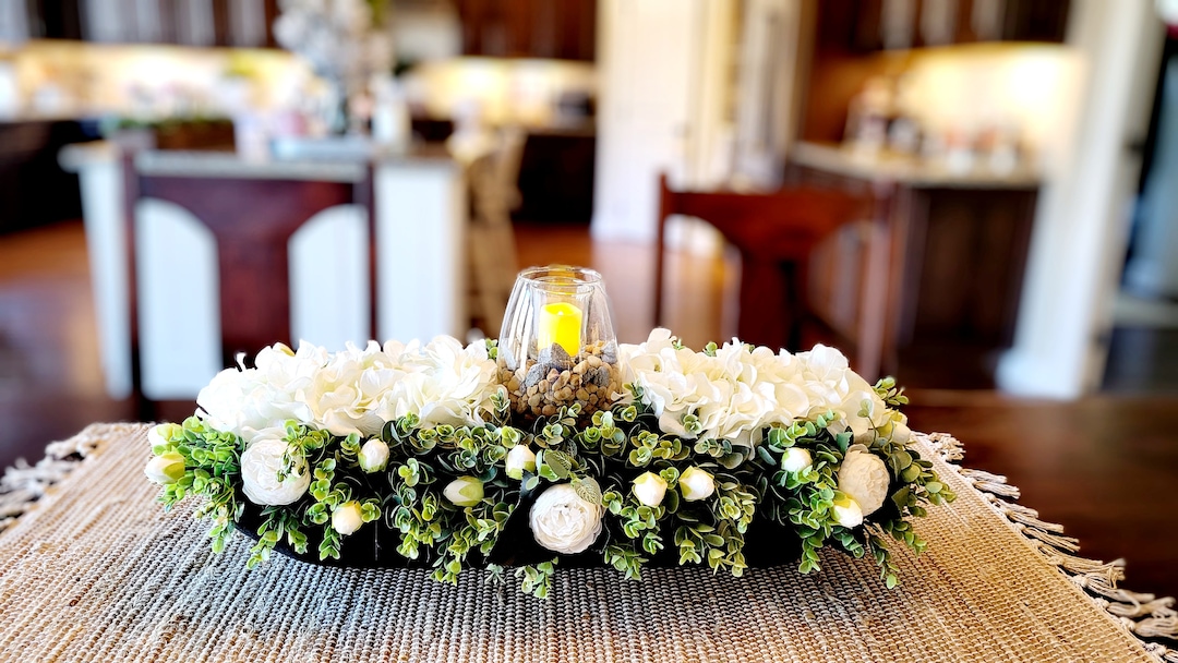 Hydrangea Floral Centerpiece Dough Bowl Centerpiece Dining Table Peony Flower Table Centerpiece ...