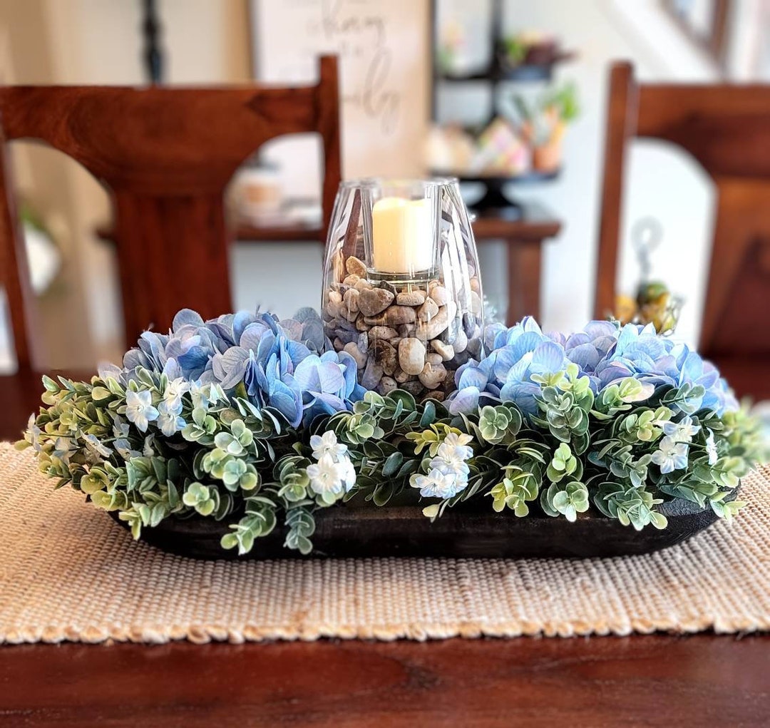 Dough Bowl Arrangement Blue Hydrangea Centerpiece Farmhouse Hydrangea ...
