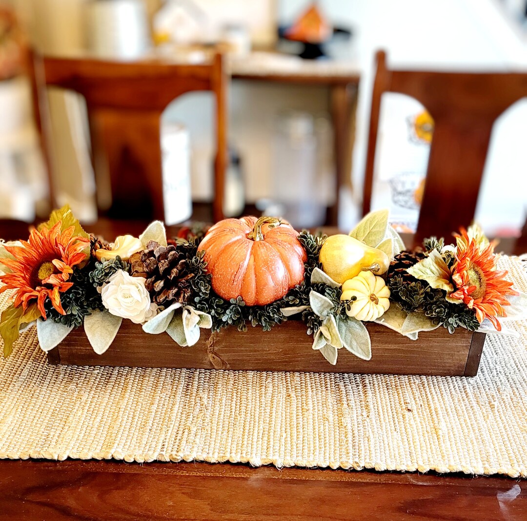 Fall Pumpkins Arrangement in 25” Long Wood Planter Box Fall Centerpiece ...
