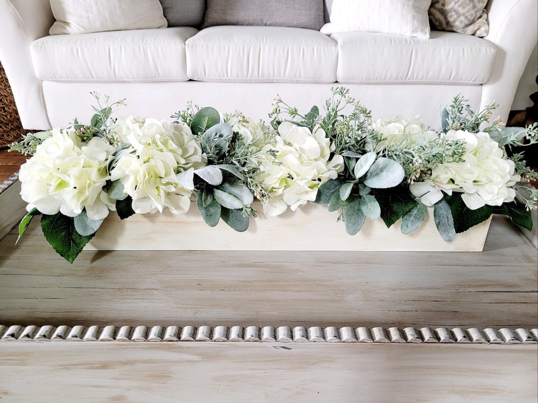 Farmhouse Style Long Spring Hydrangea Arrangement in Wood Planter Box ...