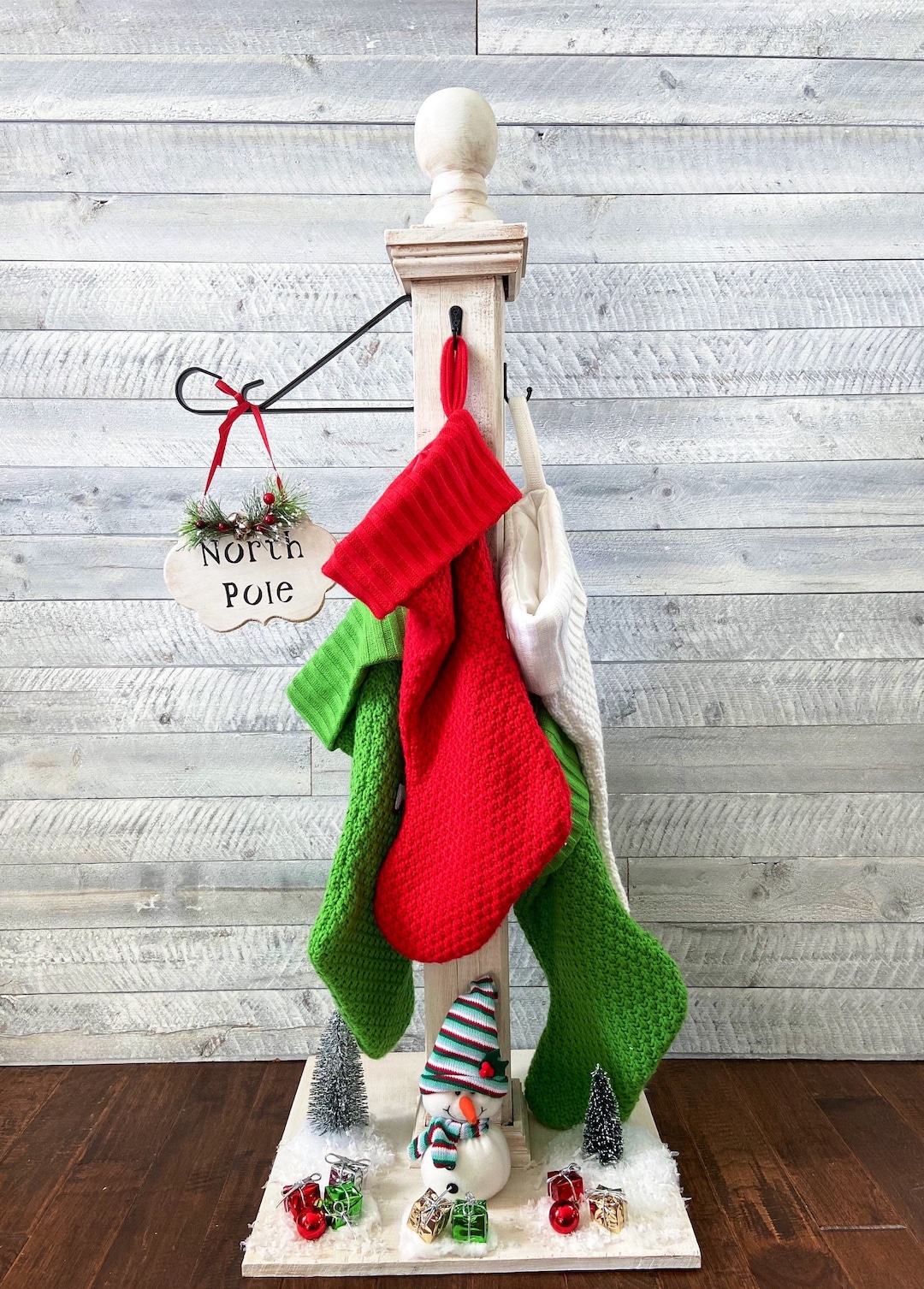 Christmas Stocking Holder Wood Post With Hooks; Farmhouse Stocking Post ...