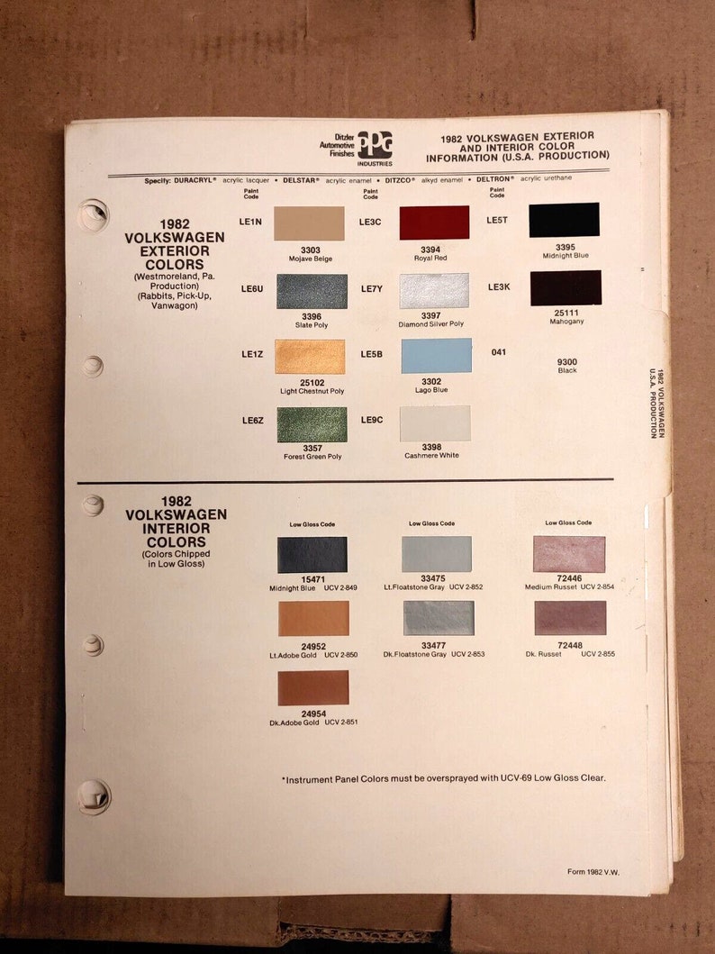 Ditzler PPG 1982 Volkswagen Interior Exterior Color Chips - Etsy