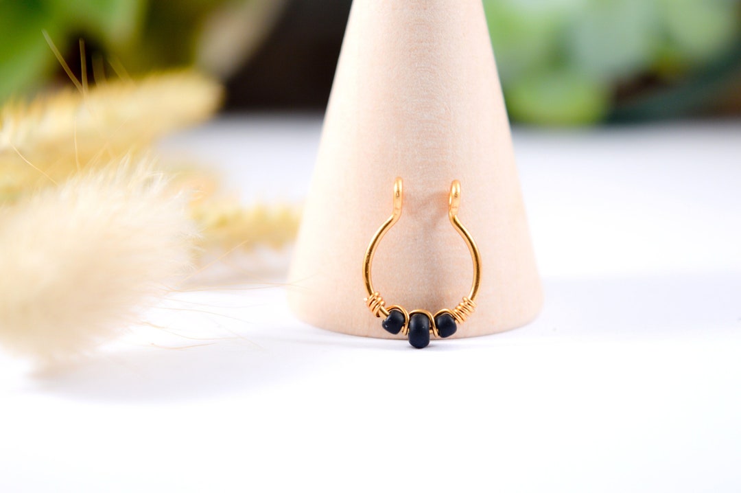 FALSE Septum Piercing, Nose Ring to Pinch in Brass and Glass Beads ...
