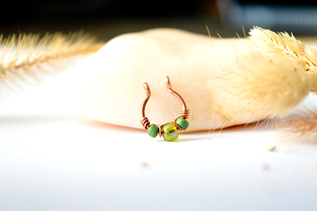 FALSE Septum, Nose Ring to Pinch in Copper and Glass Beads, Green ...