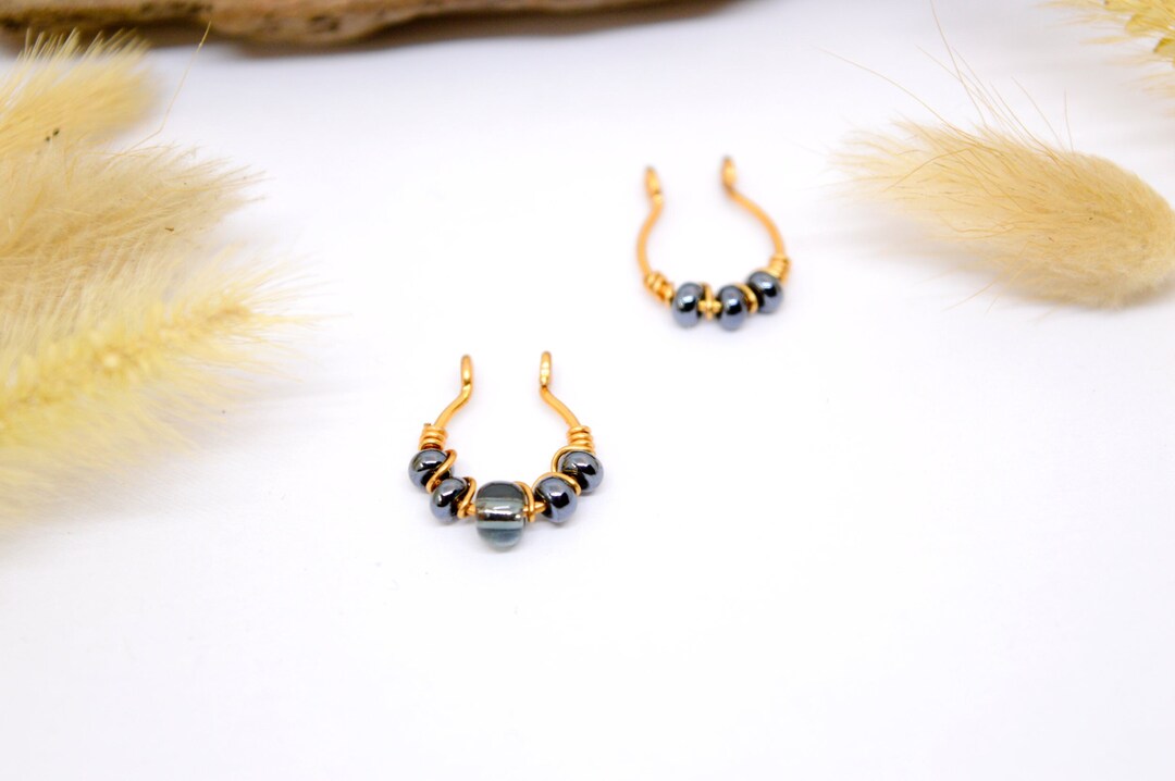 FAUX Septum Piercing, Pinch Nose Ring, Brass or 12K Gold Filled, Glass ...