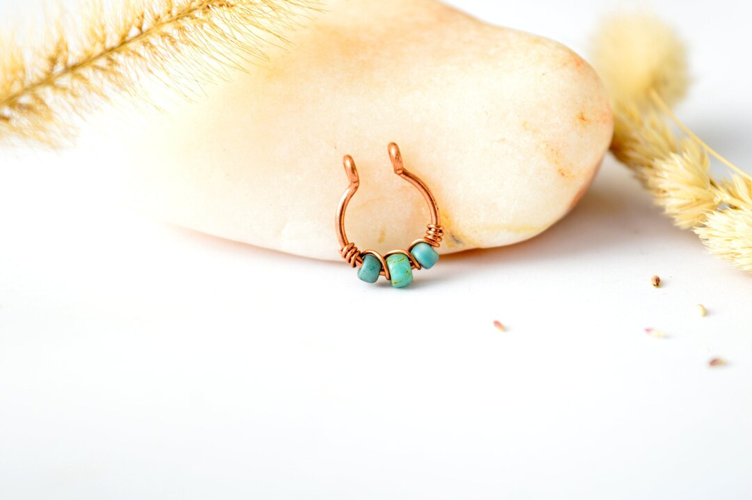 FALSE Septum, Pinch Nose Ring in Copper and Light Blue Glass Beads ...