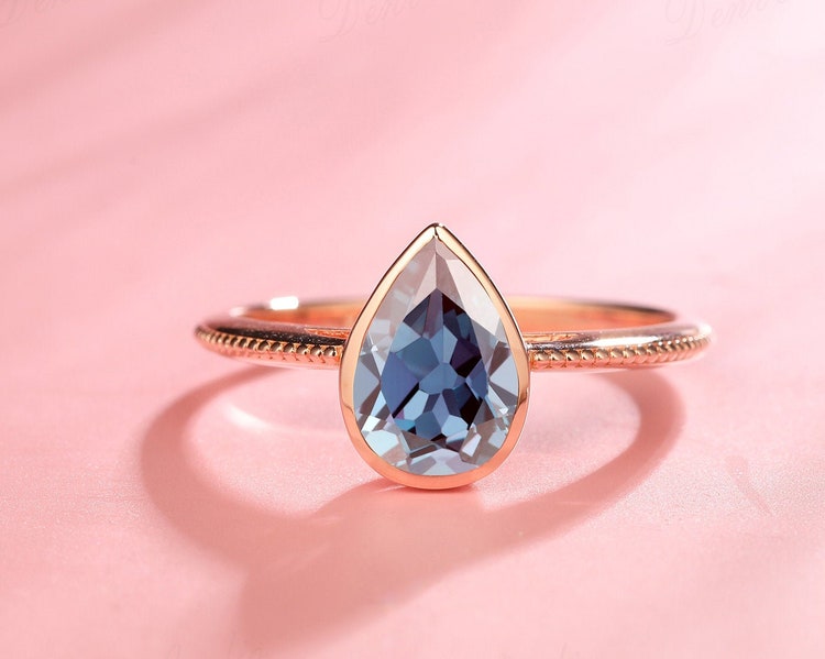 discount online shopping Bezel Solitaire Pear Alexandrite Ring, 1.5ct Alexandrite Engagement ...
