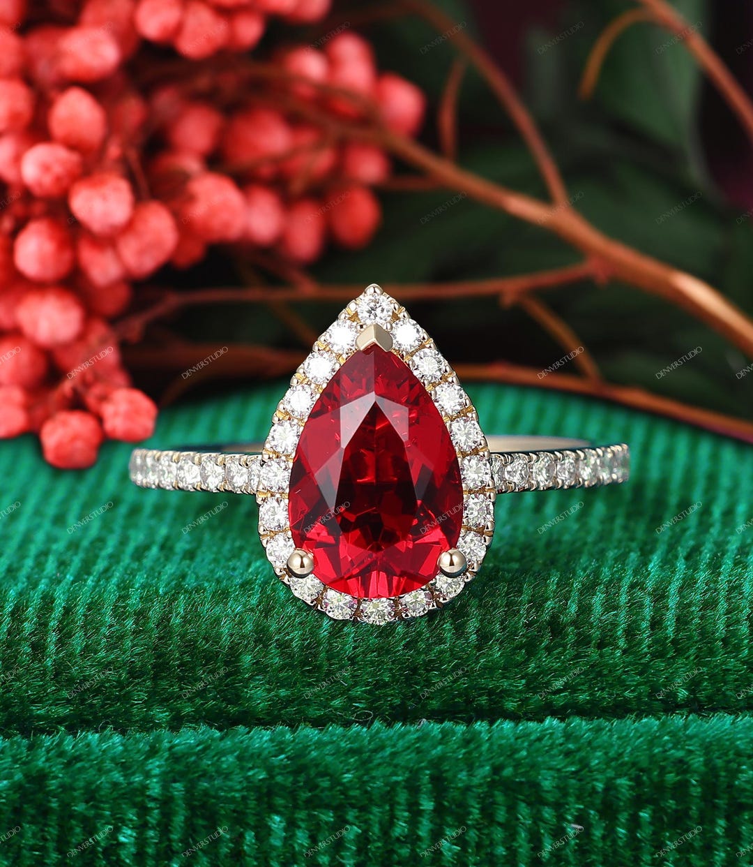 Pear Ruby Engagement Ring, 1.5CT Red Crystal, Rose Gold Moissanite ...