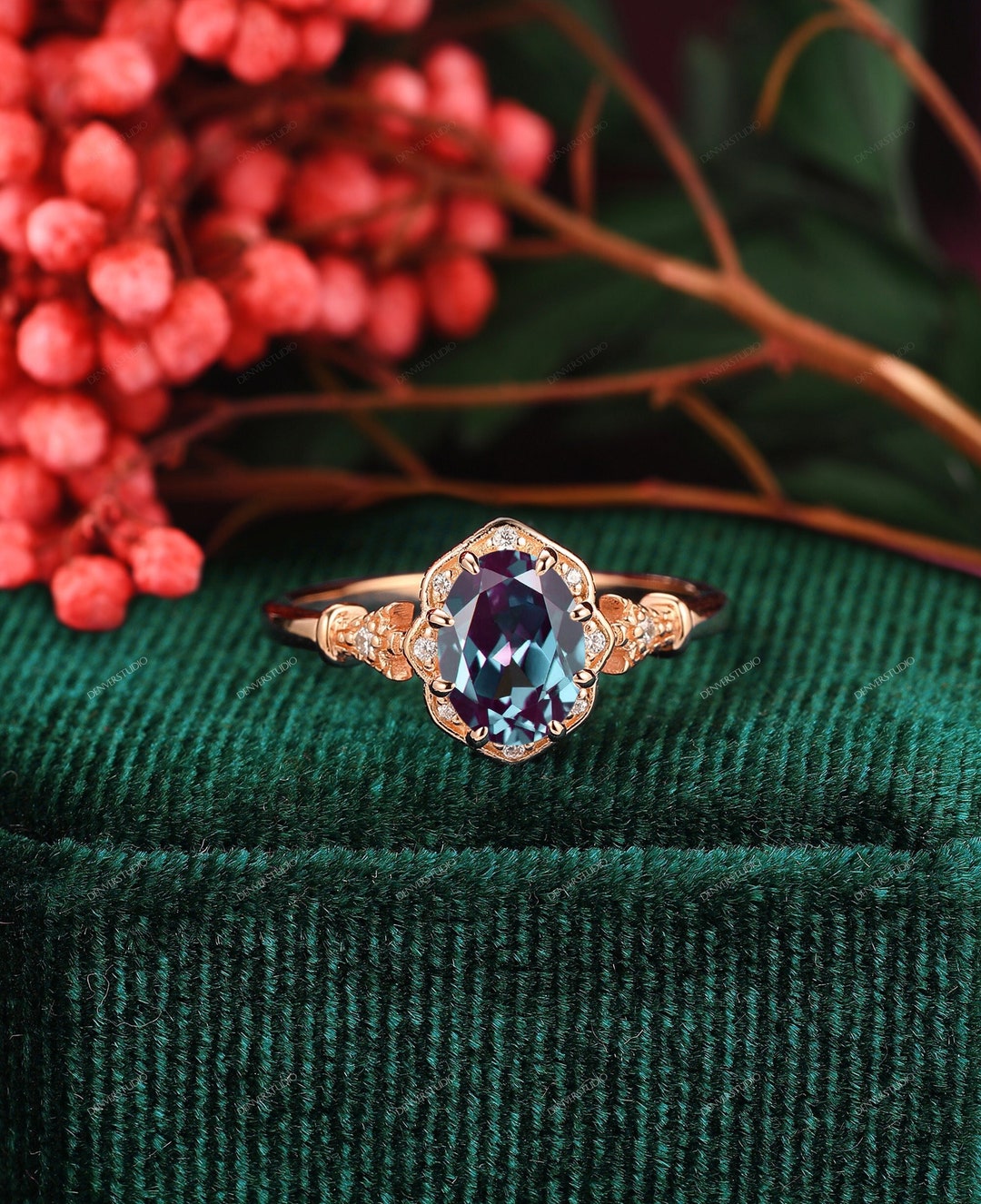Vintage Inspired Alexandrite Gold Ring, Oval 1.5CT, Simulated Diamond ...
