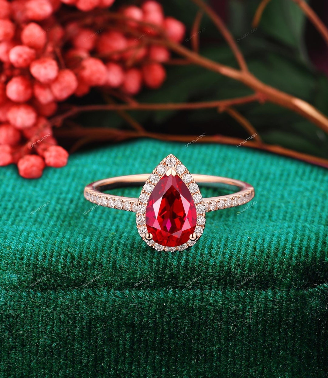 Pear Shaped Ruby Engagement Ring July Birthstone Jewelry 1.5CT Ruby Red ...