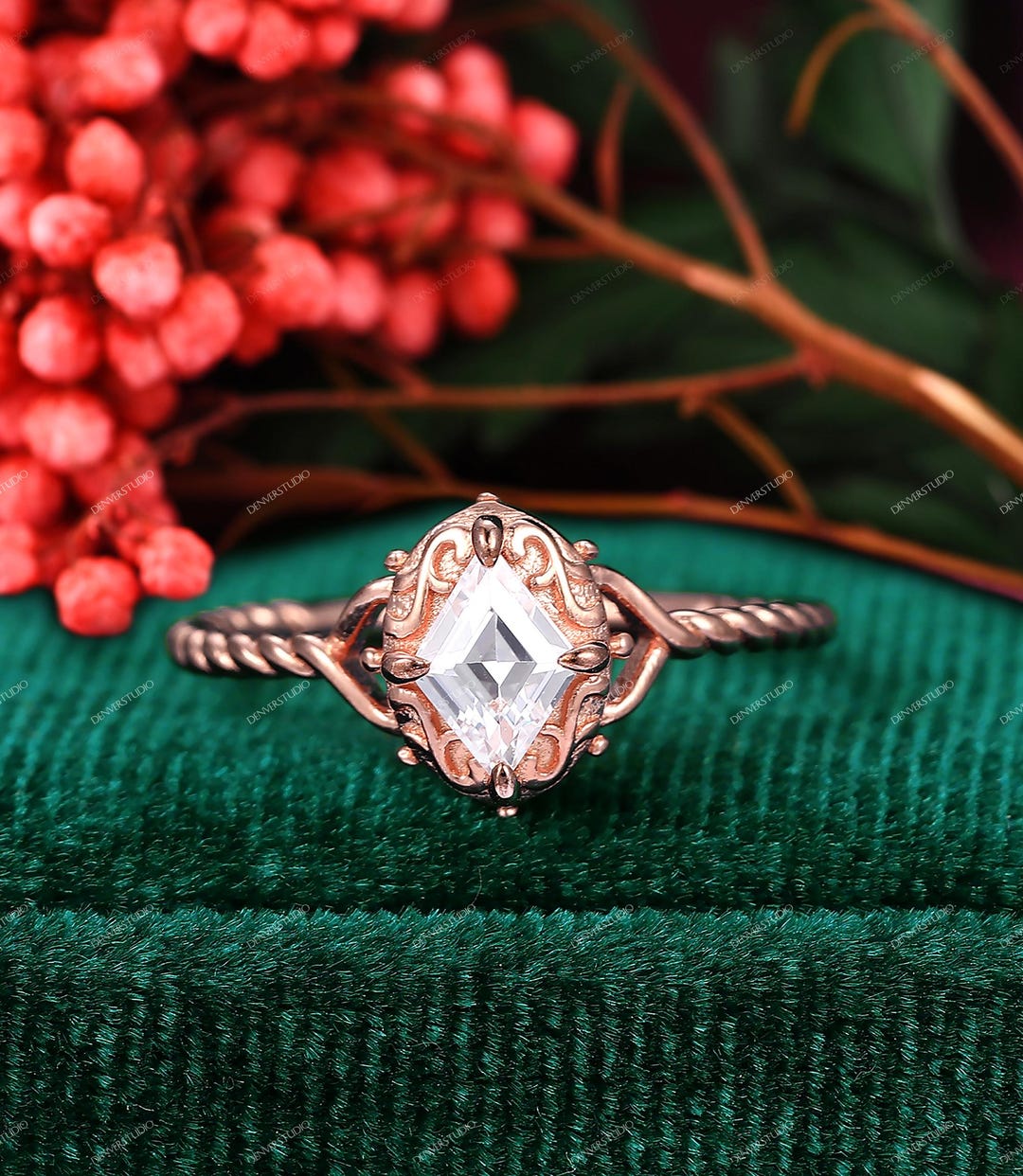 Rhombus Moissanite Wedding Ring, Twist Band Rose Gold Art Deco Bridal ...