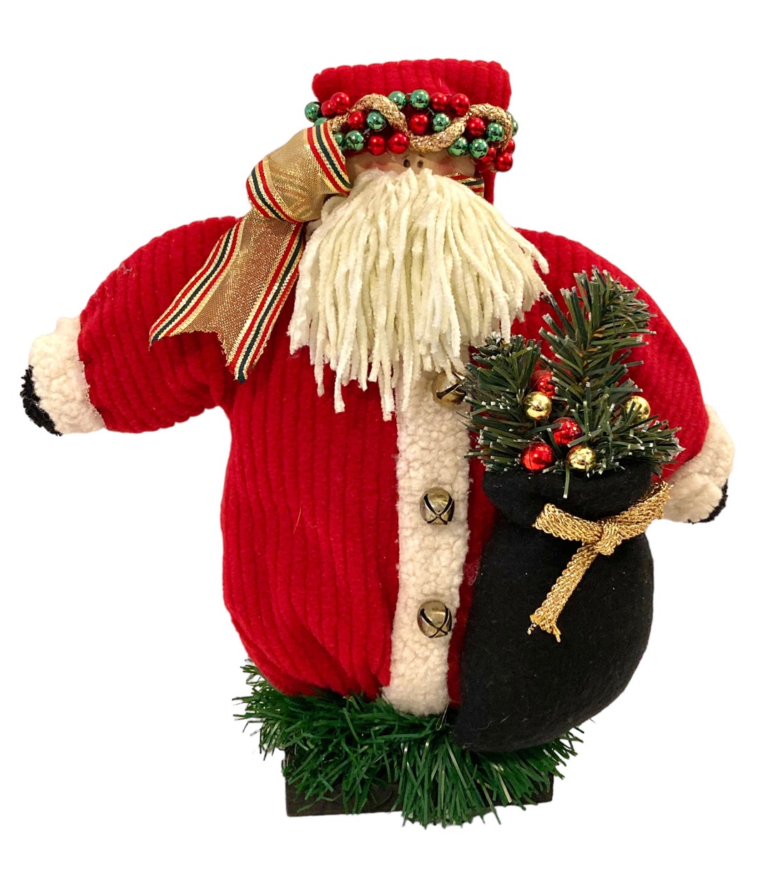 Vintage Handmade Santa Standing Christmas Decor Figure Wooden Base Faux ...