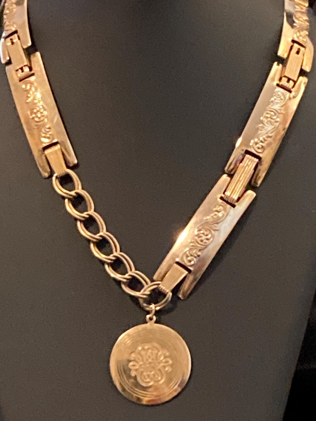 Vintage Brass Panel Segmented Belt Ornate Pattern Adjustabe Chain Hook ...