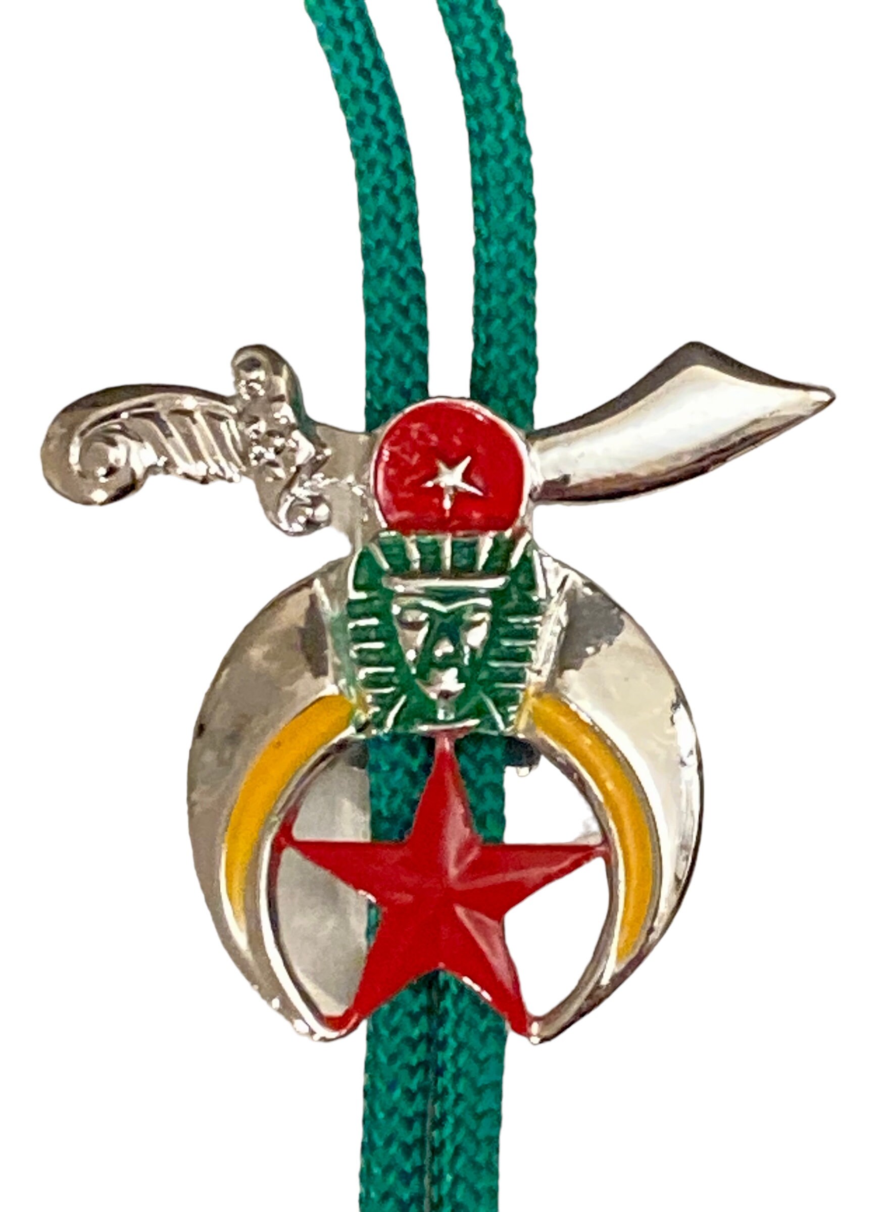 Masonic Free Mason Shriners Sword Bolo Tie Green Cord Silver Tone With ...