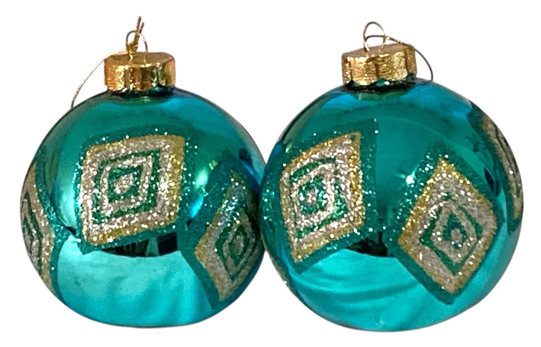 2 Large Round Glass Ball Ornament Hand Painted Geometric Design Aqua ...