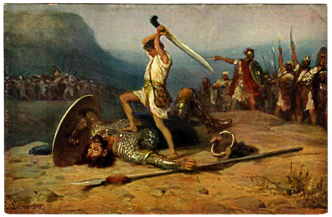 Antique Postcard GERMANY Holy Scripture Rob Leinweber David and Goliath ...