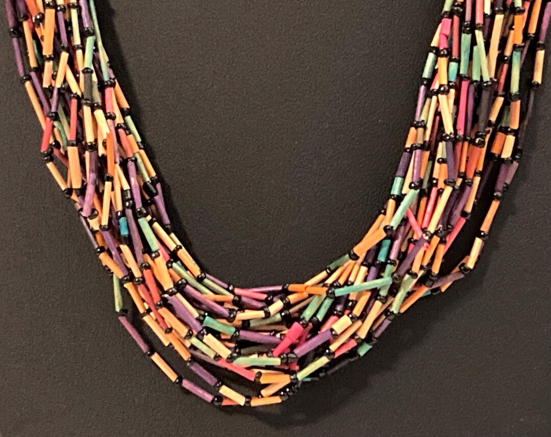 Multi Strand Bugle Bead Necklace Multicolored Tube Bugle Bead Vintage ...