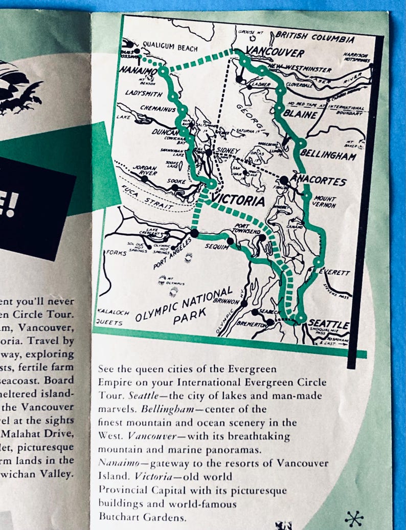 1957 Evergreen Brochure Greyhound Bus Ship Circle Tour Seattle Victoria ...