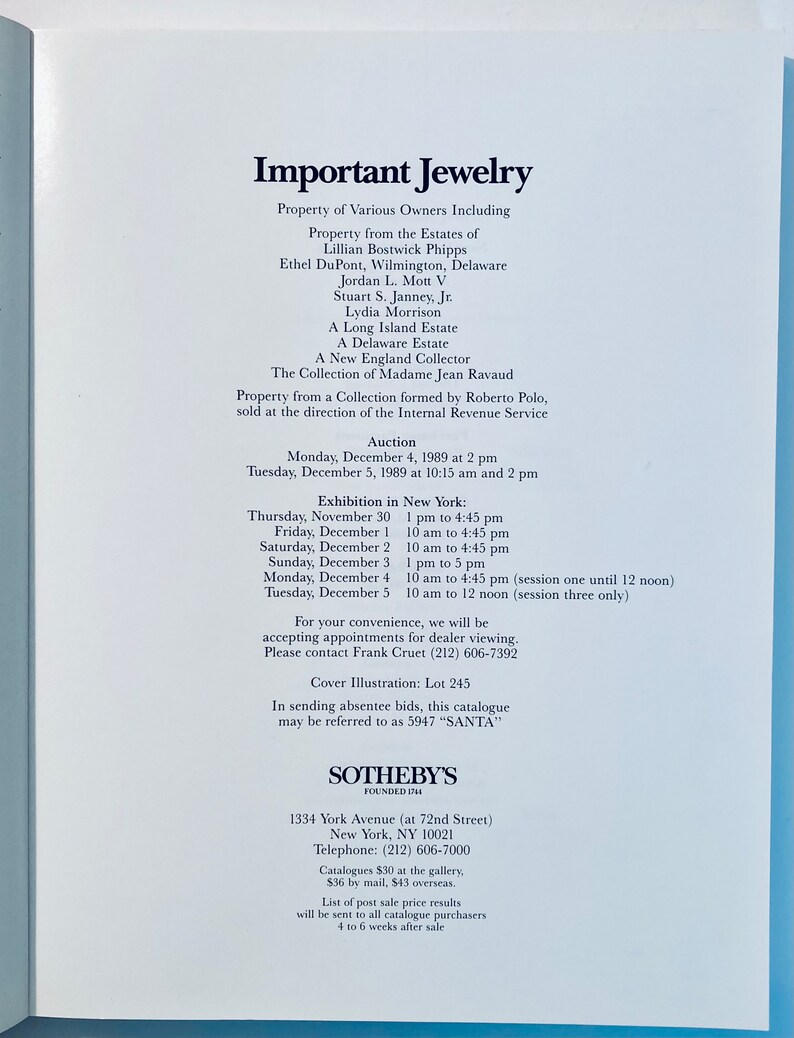 1989 Sotheby's Important Jewels Auction Catalog 5947 President Vargas ...
