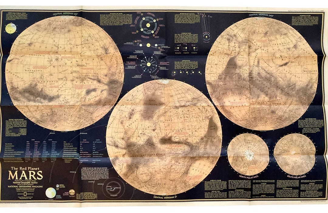 Vintage 1973 National Geographic Map the Red Planet Large Wall Decor ...