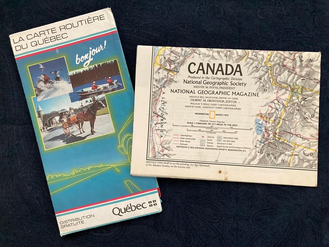 2 Vintage Maps Road Map of Quebec in French and National Geographic ...