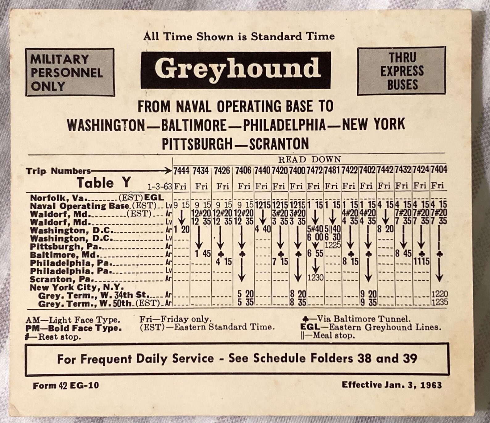 1963 Greyhound Bus Schedule Military Personnel Thru Express Buses NY ...