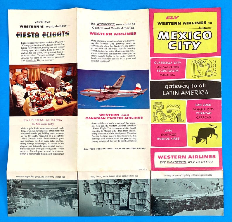 1950s Fly Western Airlines Mexico City Fiesta Flights Route Map Travel ...
