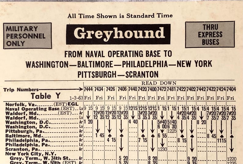 1963 Greyhound Bus Schedule Military Personnel Thru Express Buses NY ...