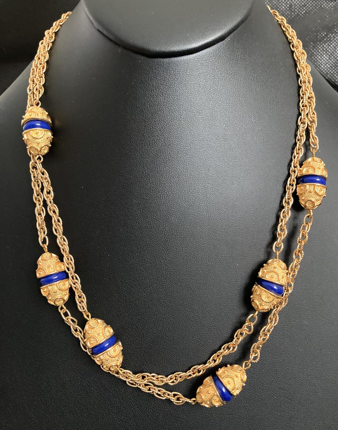 Crown Trifari Alfred Phillippe Necklace Gold Tone Finial Bead Blue ...