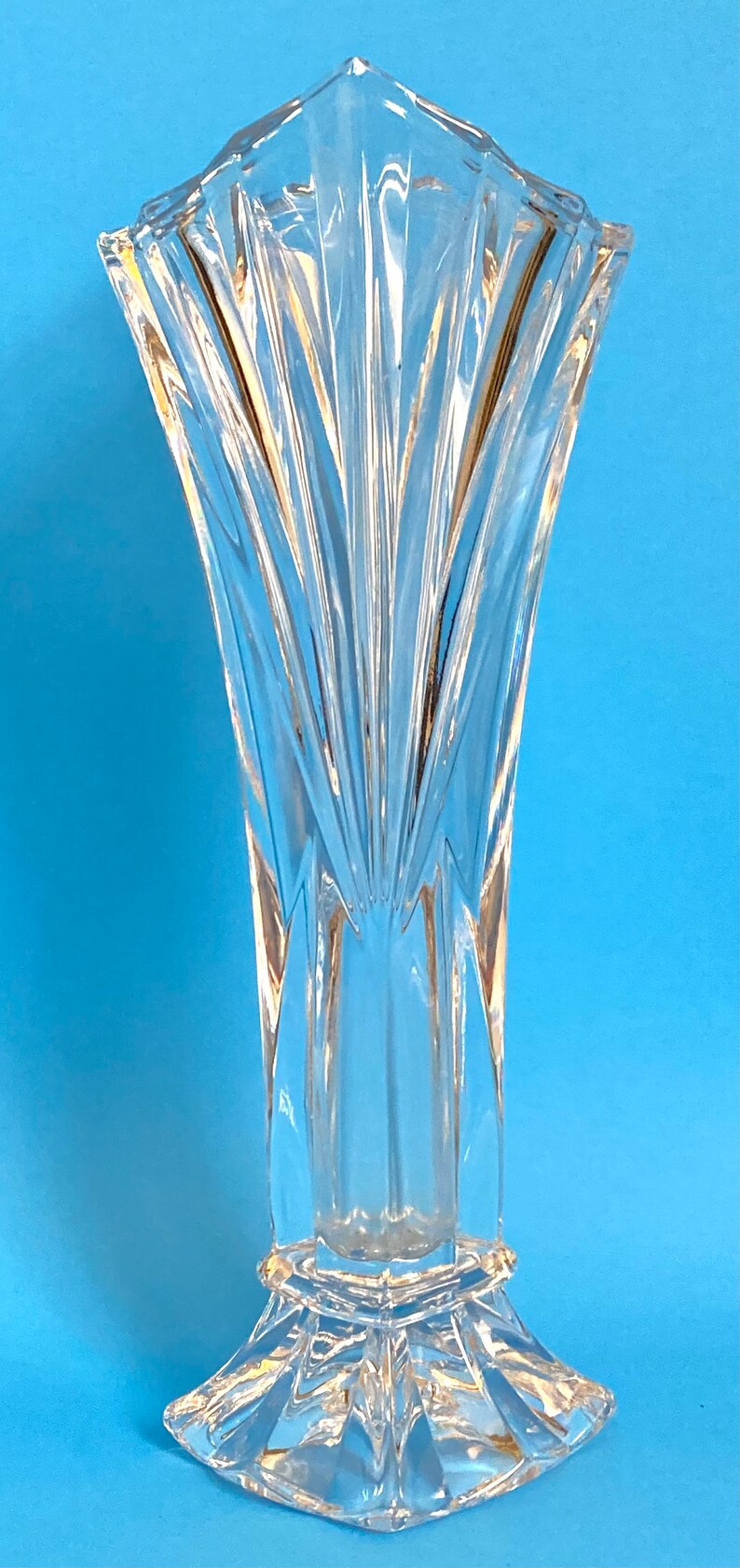 Vintage Cut Clear Crystal Vase Art Deco Style Flared Top Pedestal Base ...
