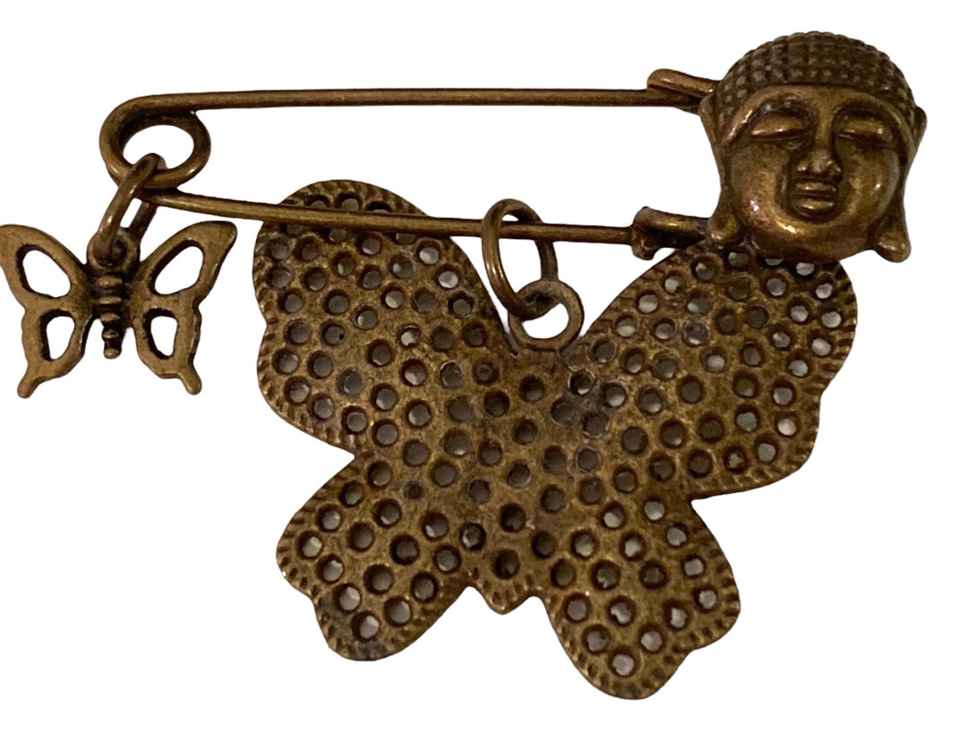 Vintage Brass Safety Pin Brooch Buddha Head Hanging Butterfly Charms ...