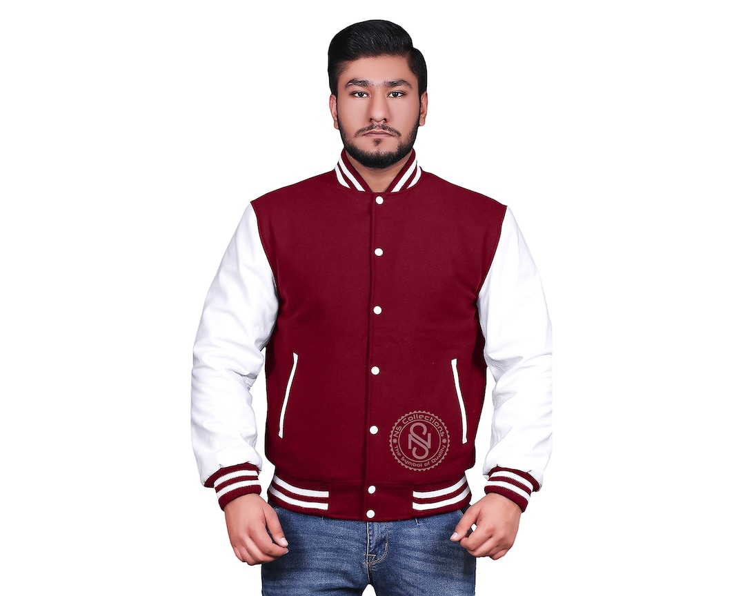 Men's Varsity Jacket Letterman Baseball Bomber Style Maroon Wool Blend ...