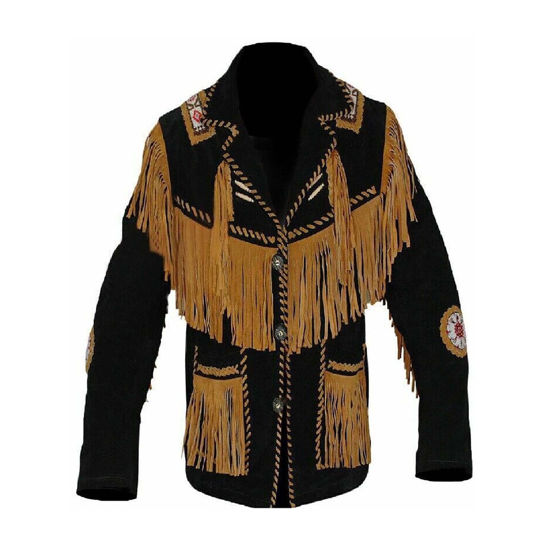 Men's Native American Cowboy Western Suede Leather Jacket Coat Fringes ...